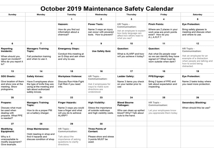 October 2019 Maintenance Safety Calendar