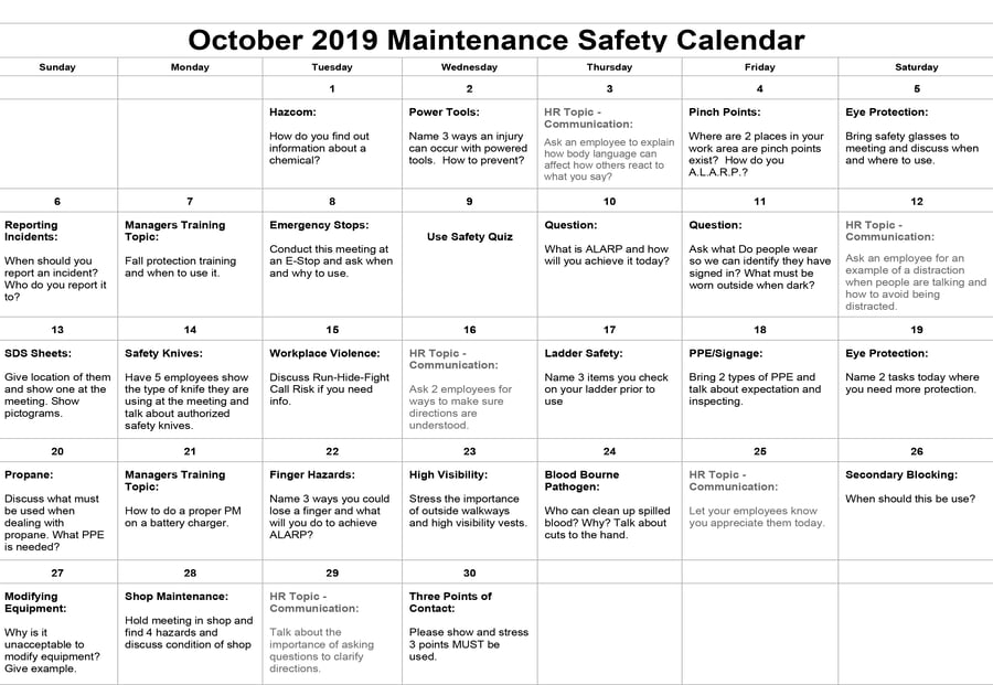 October 2019 Maintenance Safety Calendar