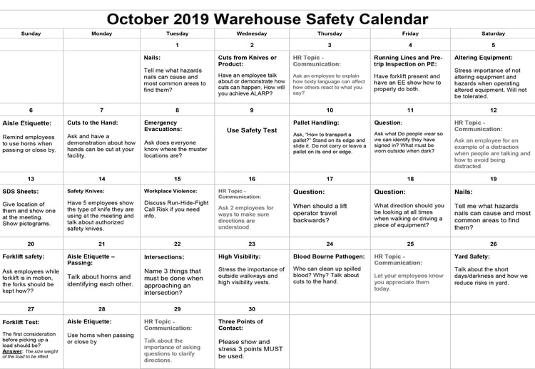 October 2019 Warehouse Safety Calendar