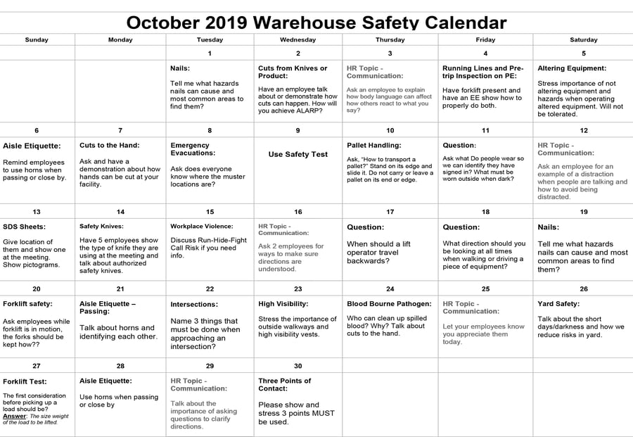 October 2019 Warehouse Safety Calendar