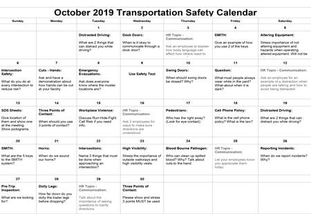 October 2019 Transportation Safety Calendar