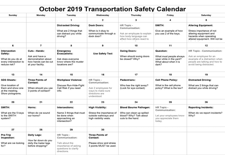 October 2019 Transportation Safety Calendar