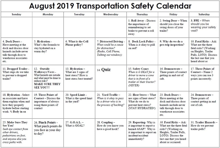 August 2019 Transportation Safety Calendar