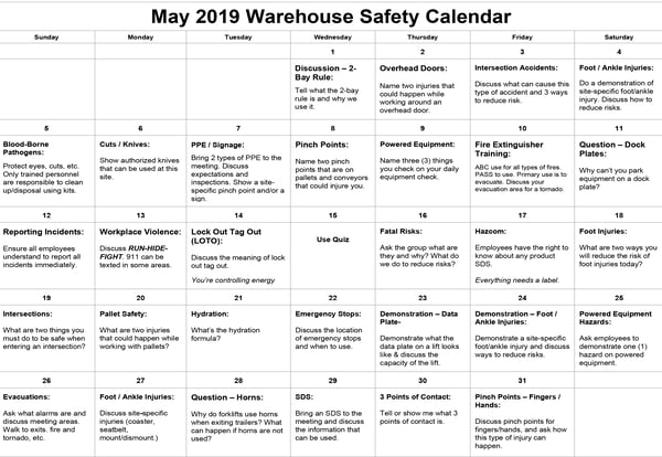 May 2019 Warehouse Safety Calendar