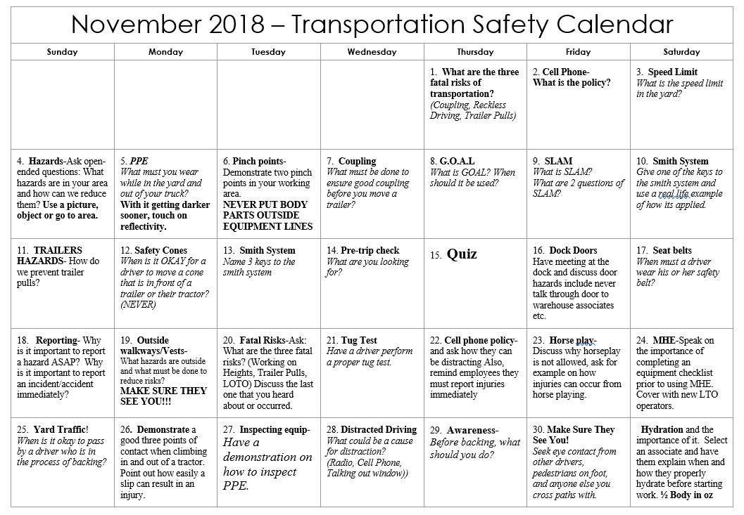 November 2018 Transportation Safety Topics