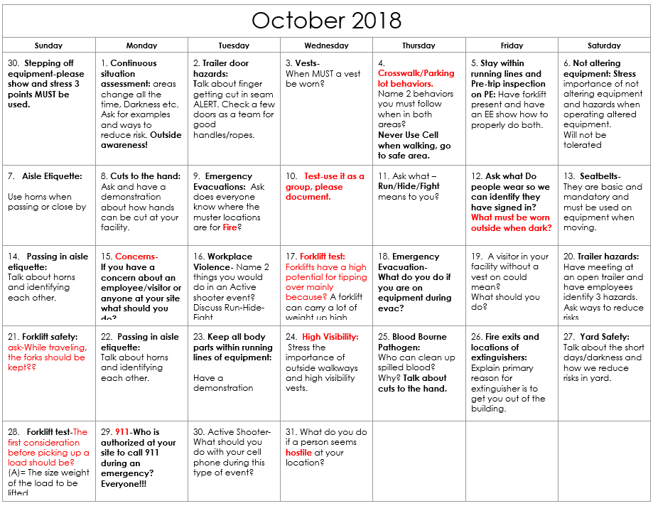 October 2018 Safety Calendar