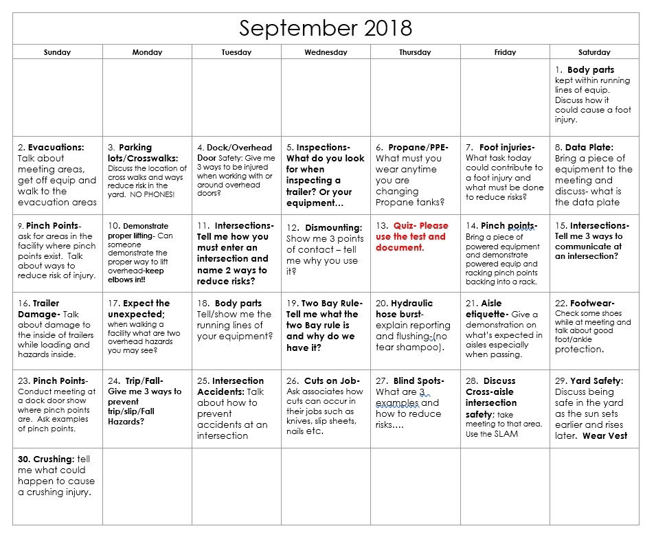 September Pre-Shift Safety Calendar