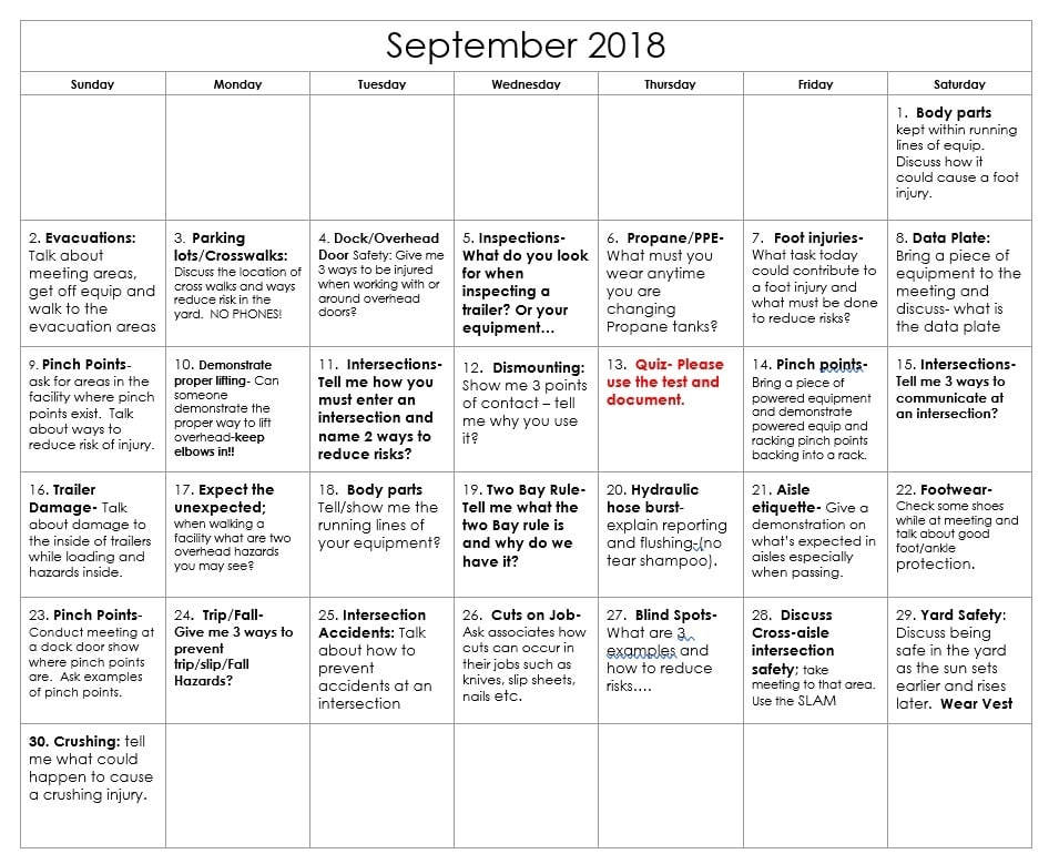 September Pre-Shift Safety Calendar