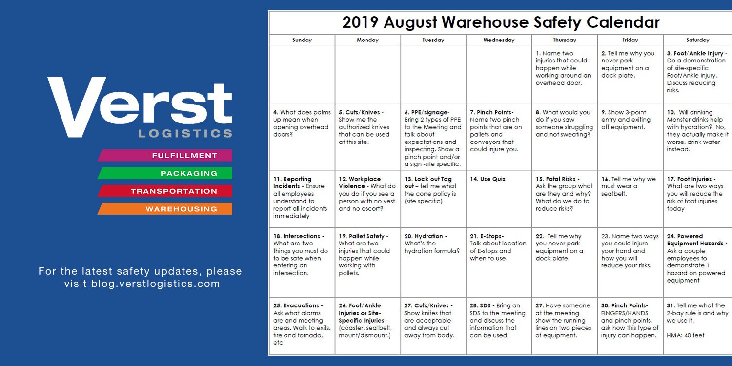 2019 August Warehouse Safety Calendar